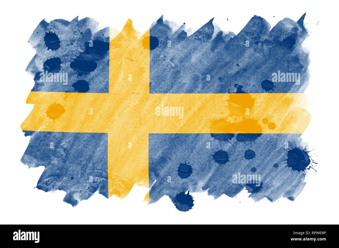 Sweden flag is depicted in liquid watercolor style isolated on white background. Careless paint ...