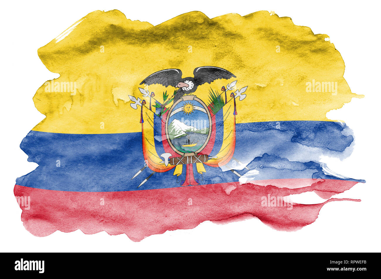Ecuador flag is depicted in liquid watercolor style isolated on white ...
