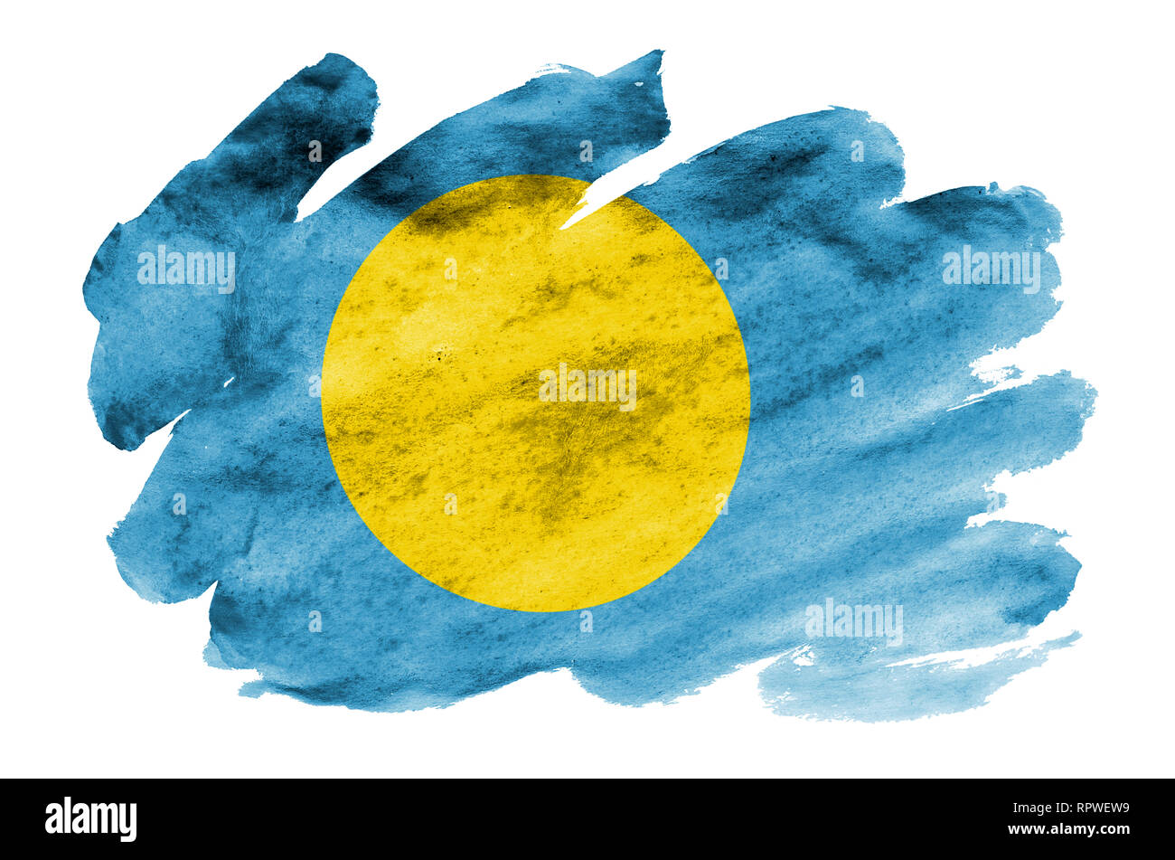 Palau flag is depicted in liquid watercolor style isolated on white background. Careless paint ...