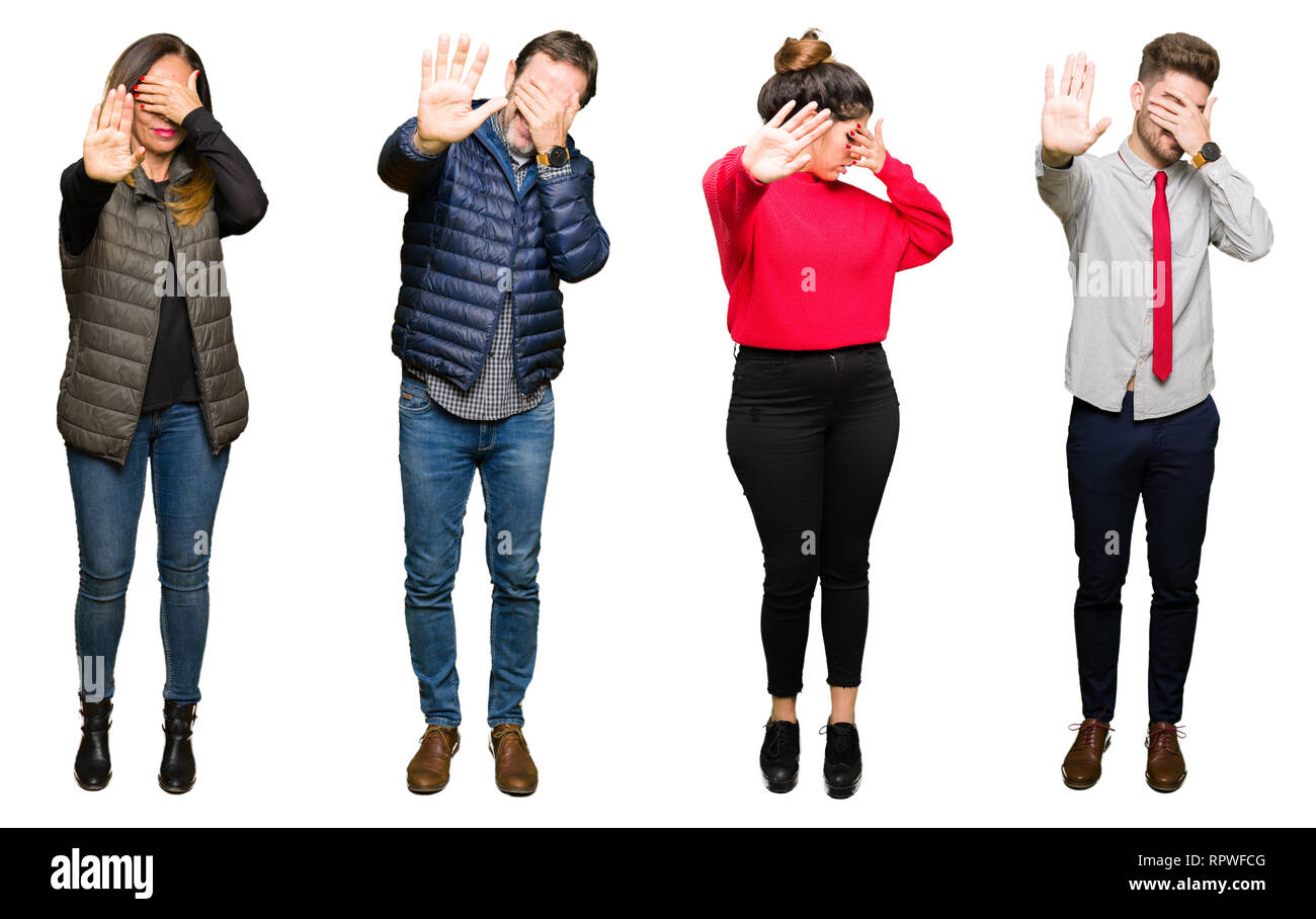 Collage of people over white isolated background covering eyes with ...