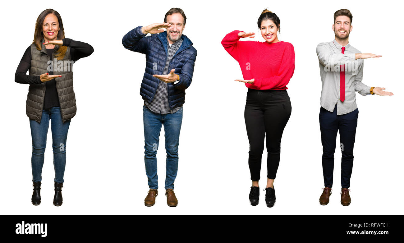 Collage of people over white isolated background gesturing with hands ...