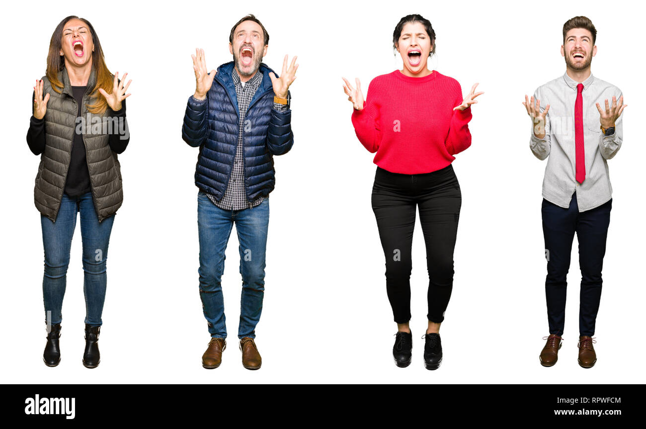 Collage of people over white isolated background crazy and mad shouting ...