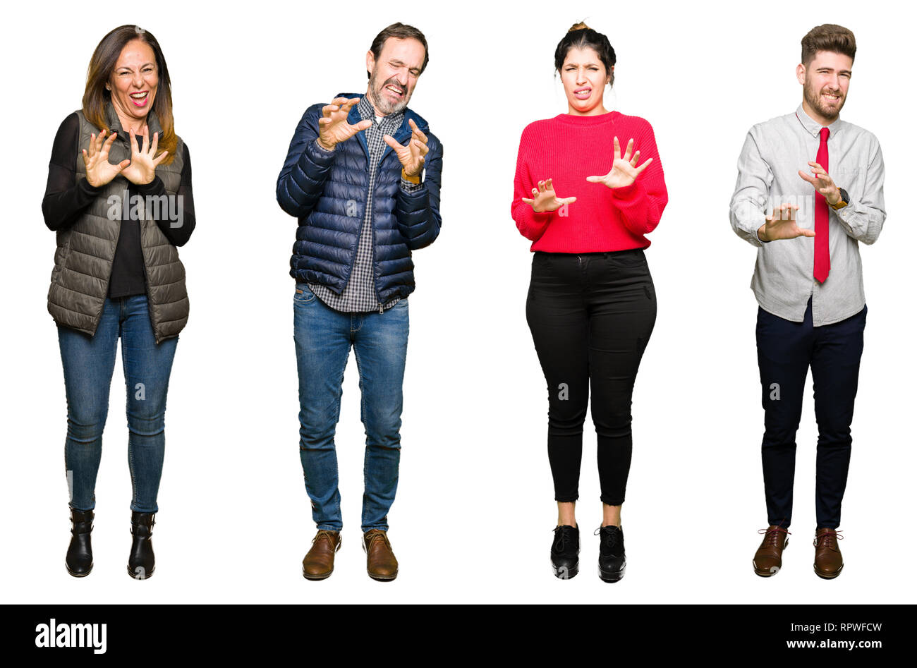 Collage of people over white isolated background disgusted expression ...