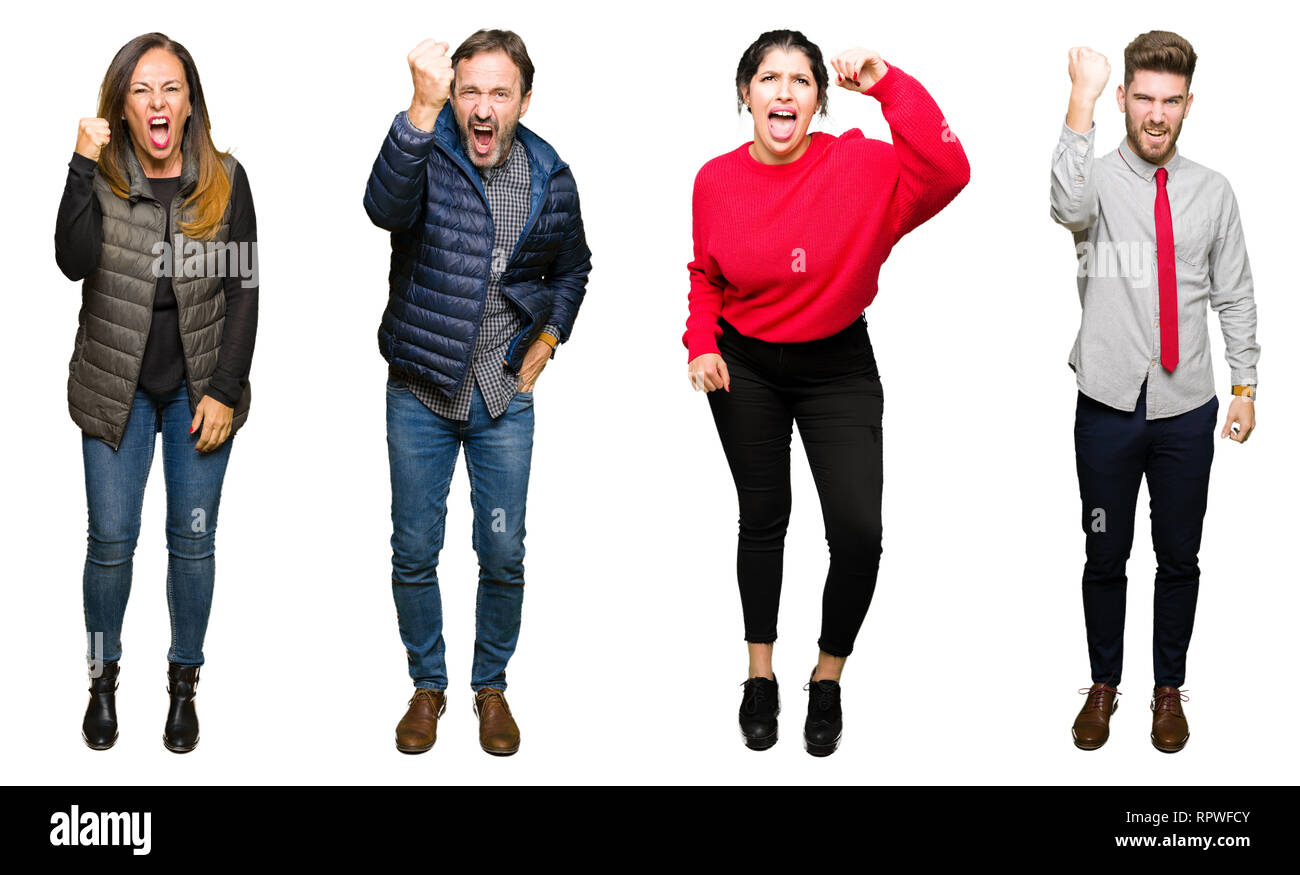 Collage of people over white isolated background angry and mad raising ...
