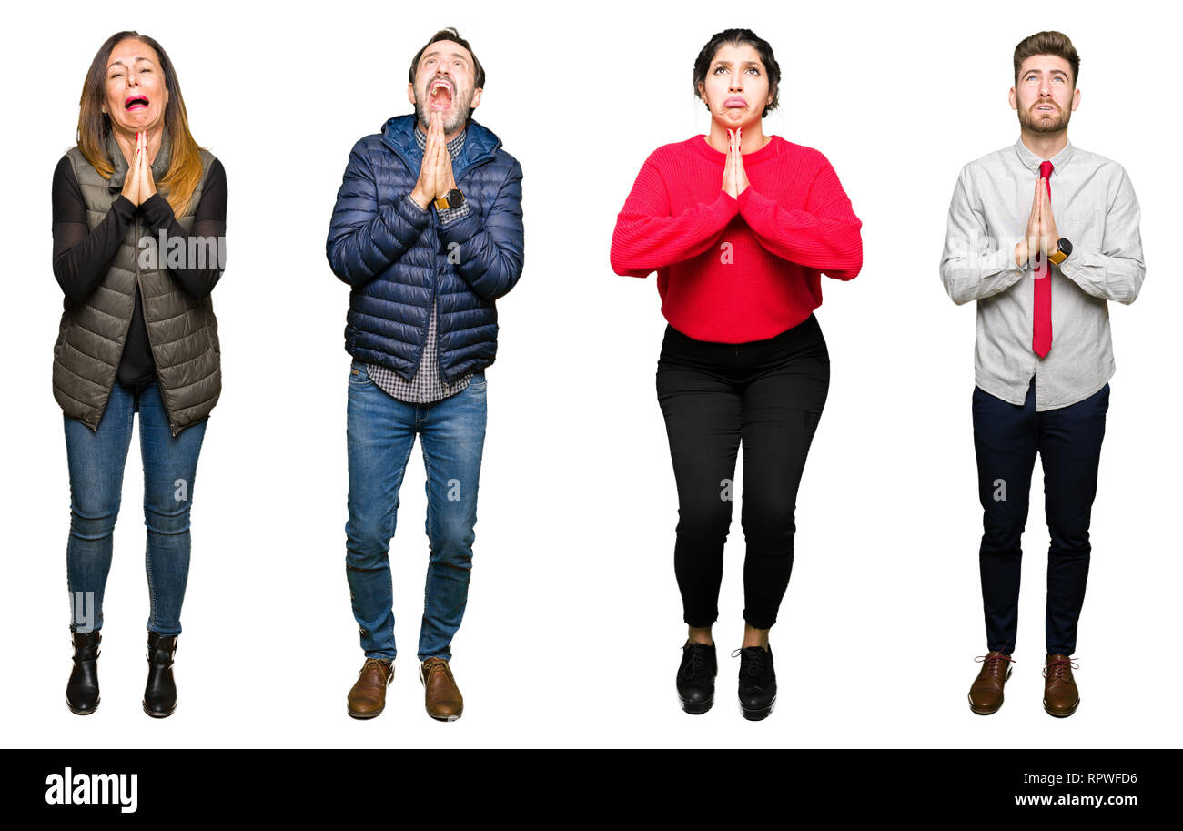 Collage of people over white isolated background begging and praying ...