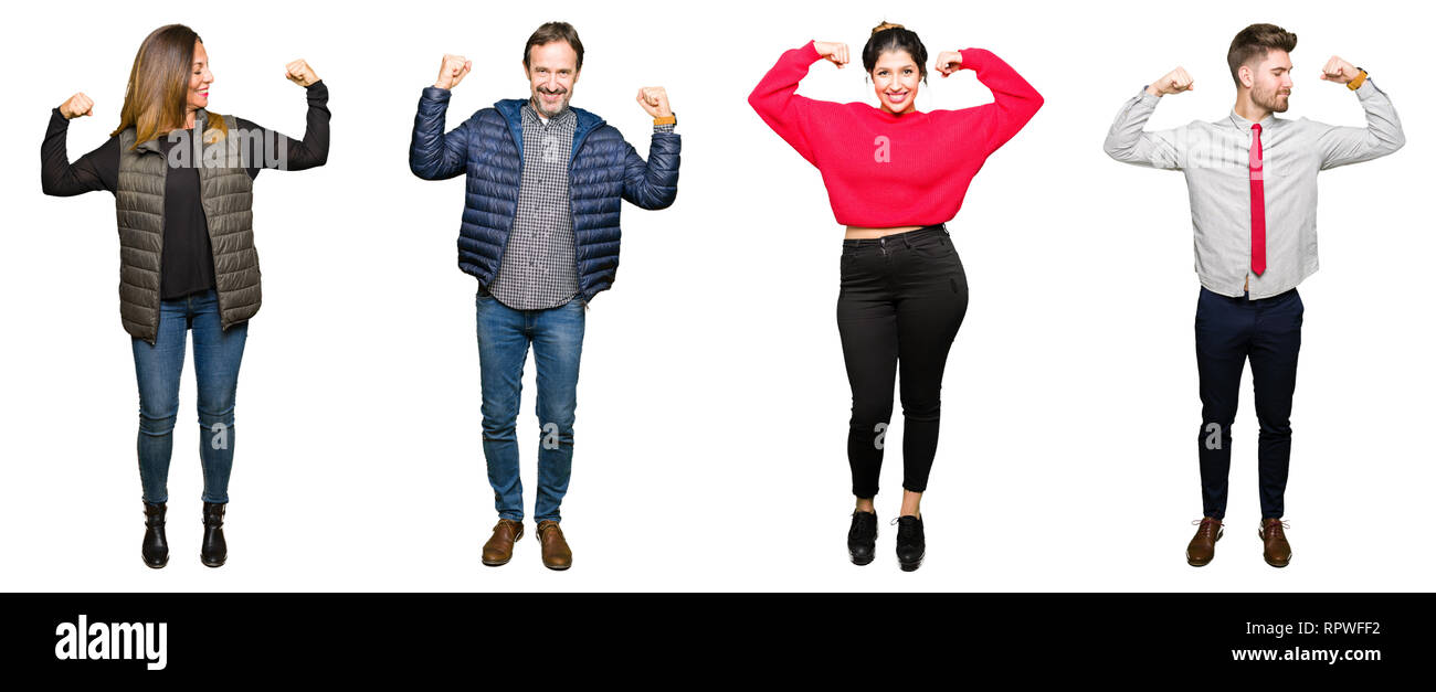 Collage of people over white isolated background showing arms muscles ...