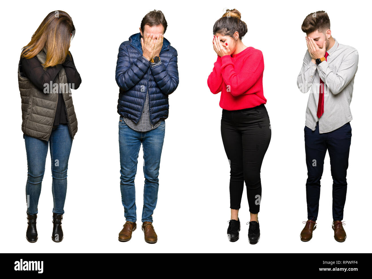 Collage of people over white isolated background with sad expression ...