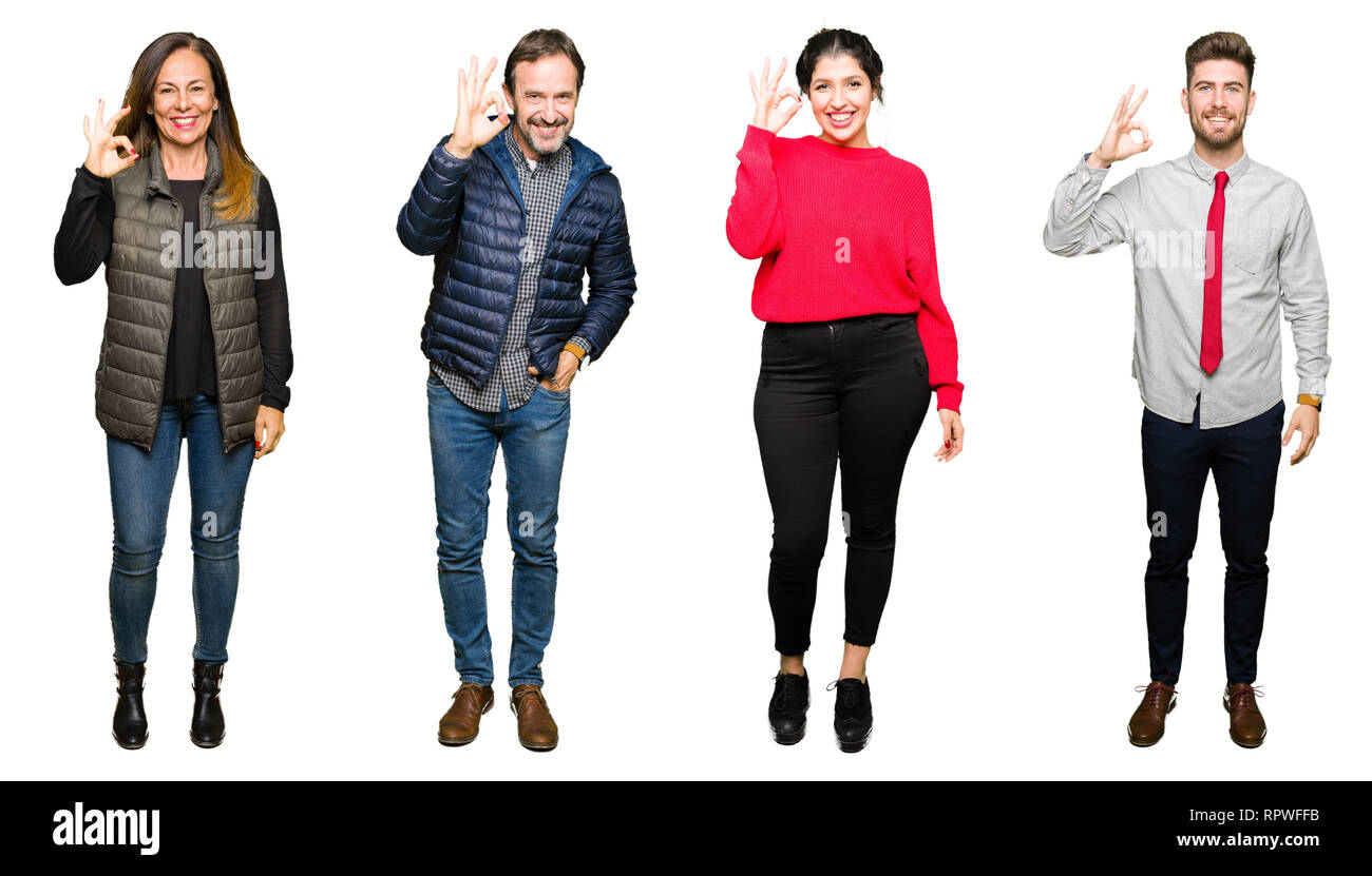 Collage of people over white isolated background smiling positive doing ...