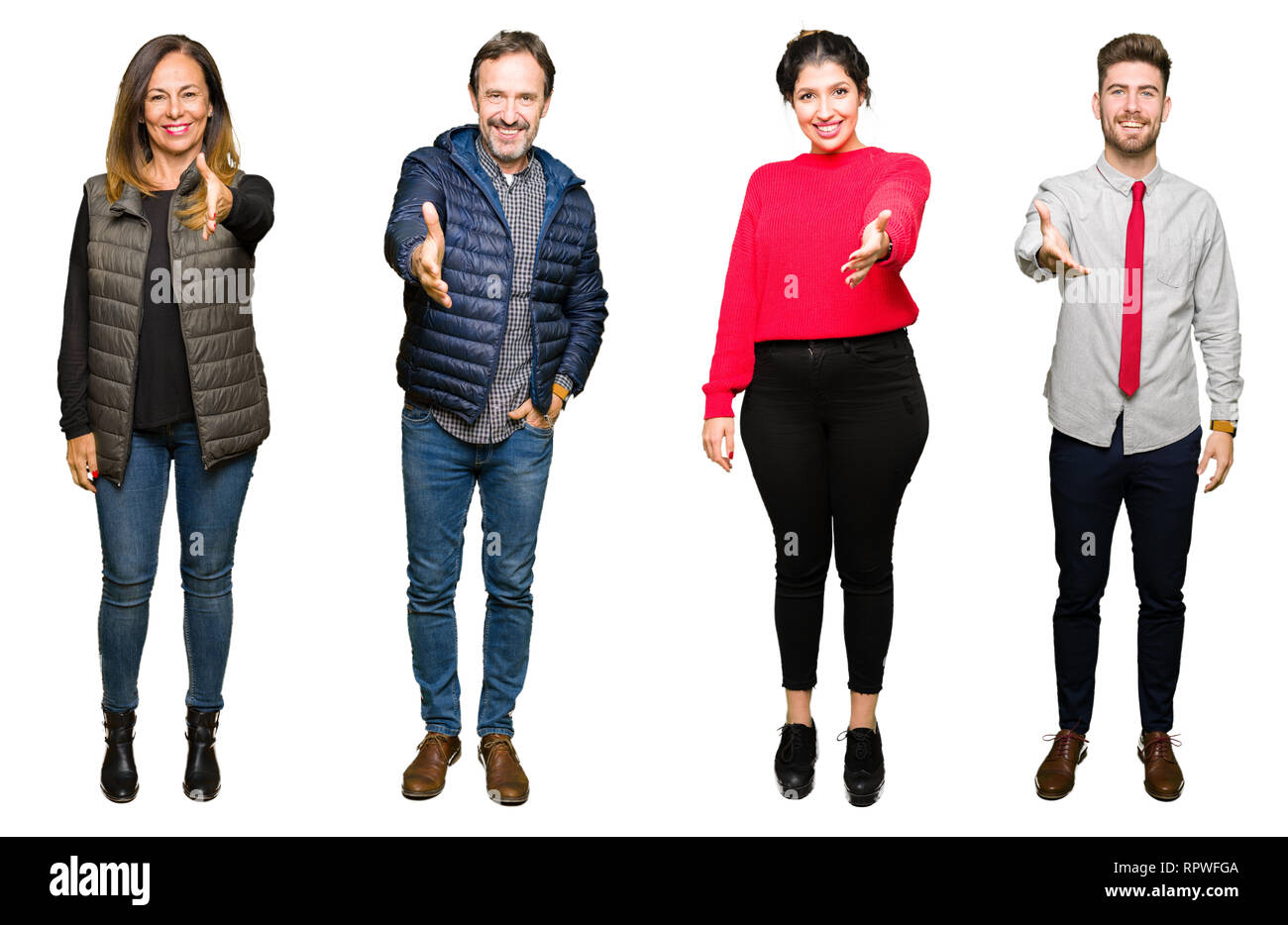 Collage of people over white isolated background smiling friendly ...