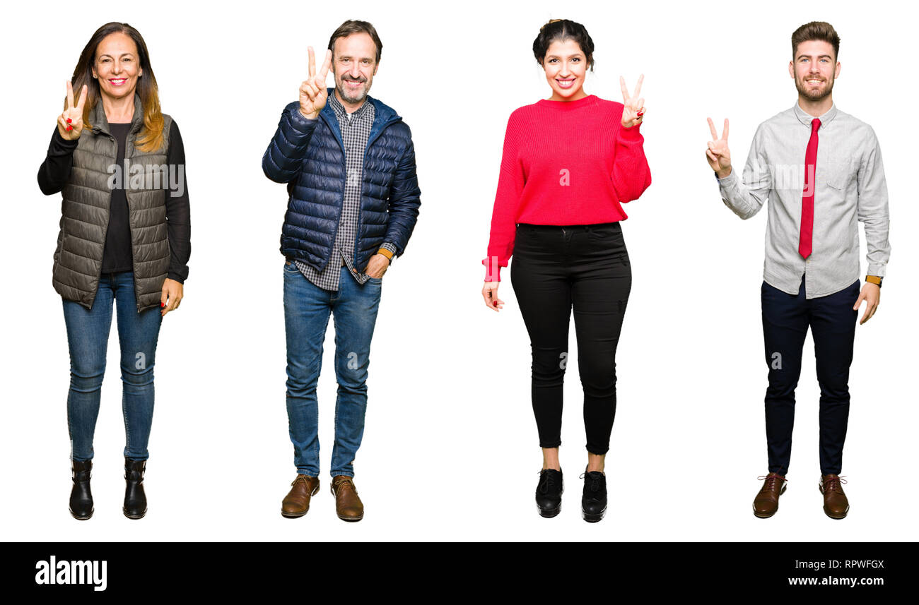 Collage of people over white isolated background showing and pointing ...