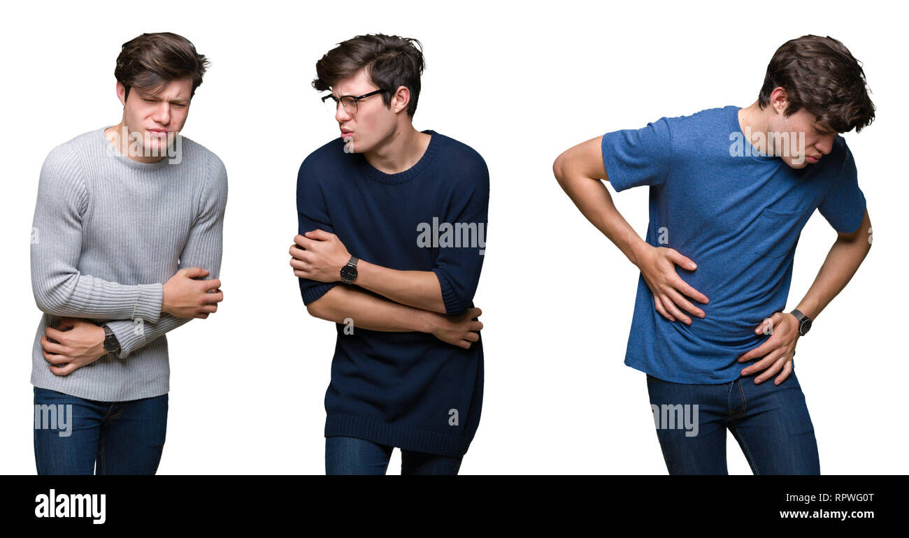 Collage of young man over white isolated background with hand on ...