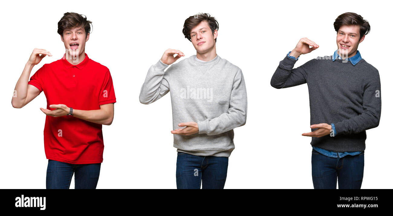 Collage of young man over white isolated background gesturing with ...