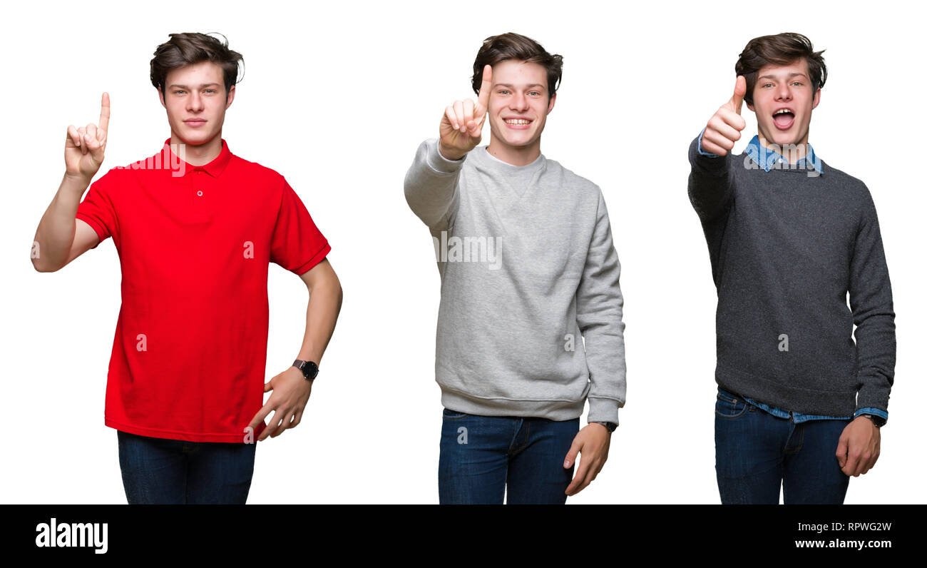 Collage of young man over white isolated background showing and ...