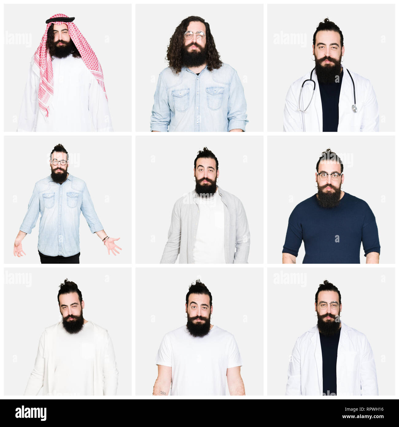 Collage of young man with beard and long hair over white isolated ...