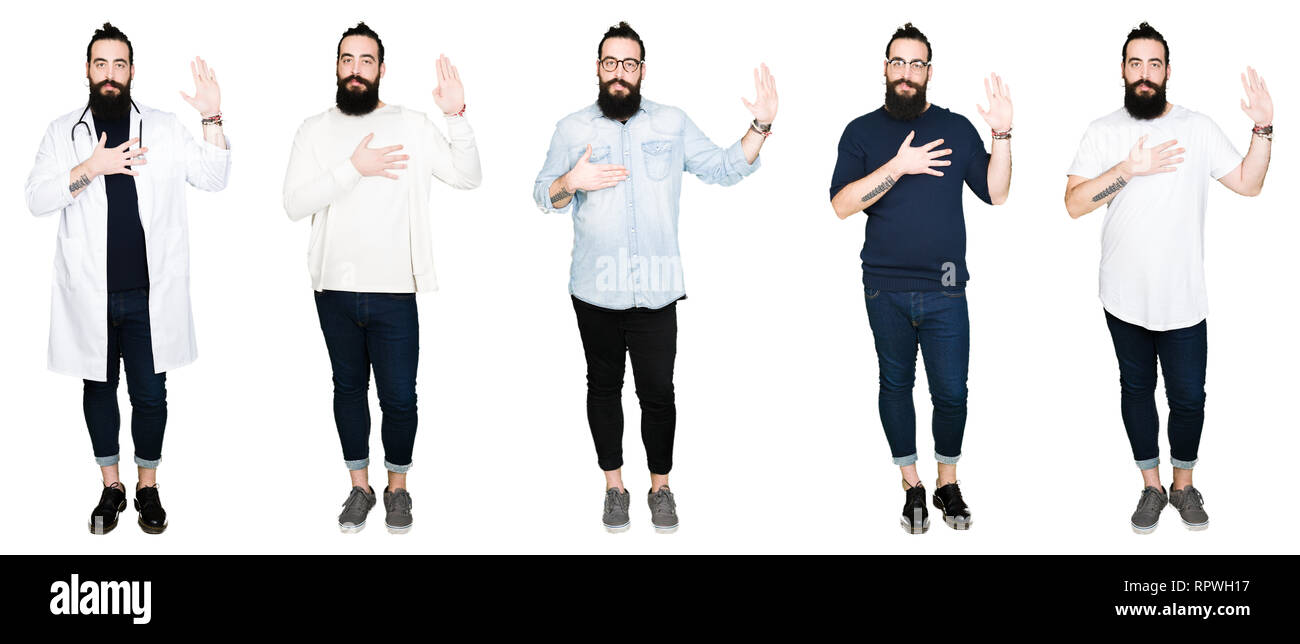 Collage of young man with beard and long hair over white isolated ...