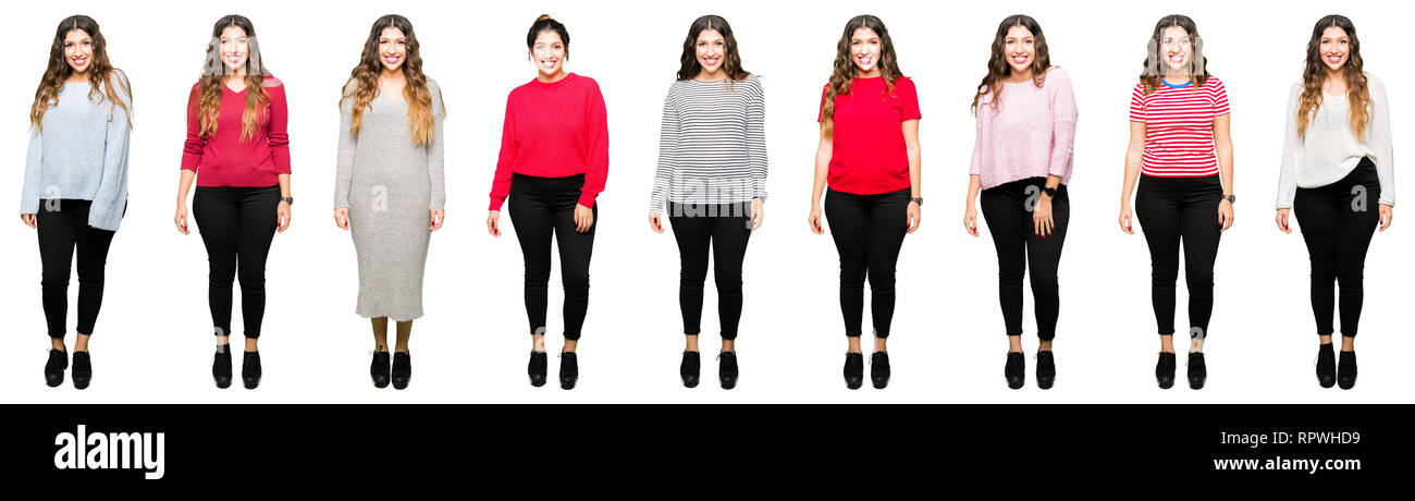 Collage of beautiful young woman wearing different looks over white ...