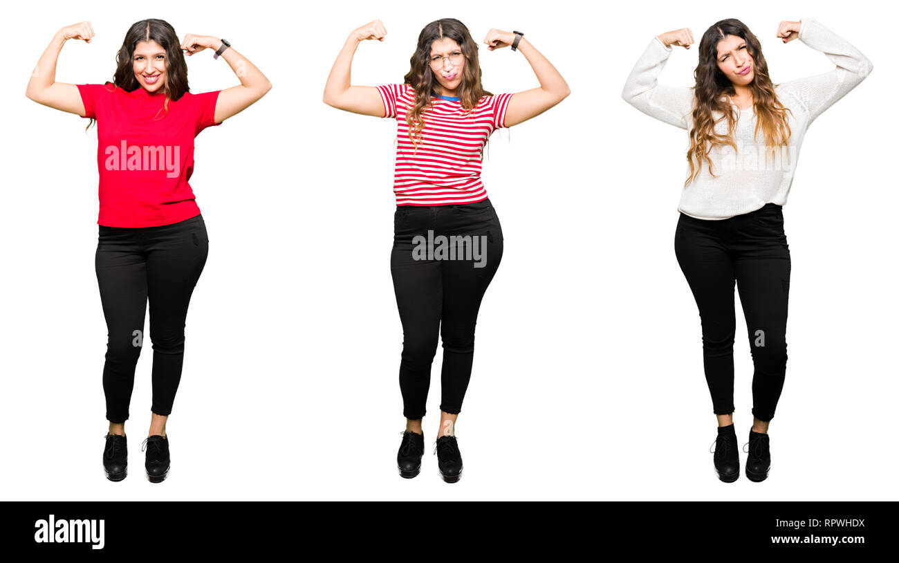 Collage of beautiful young woman over white isolated background showing ...