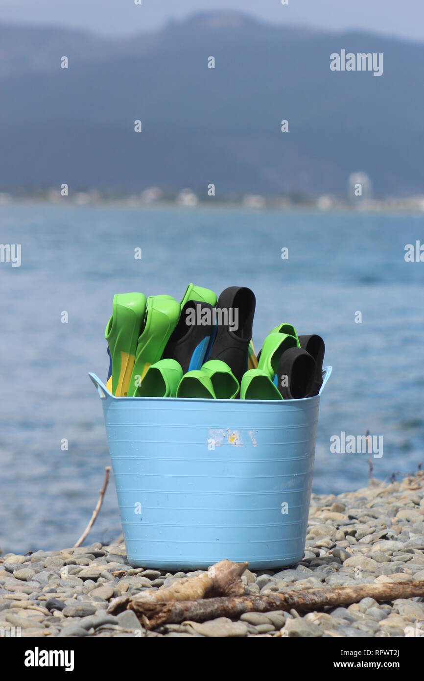 Flippers at community beach swim Stock Photo - Alamy