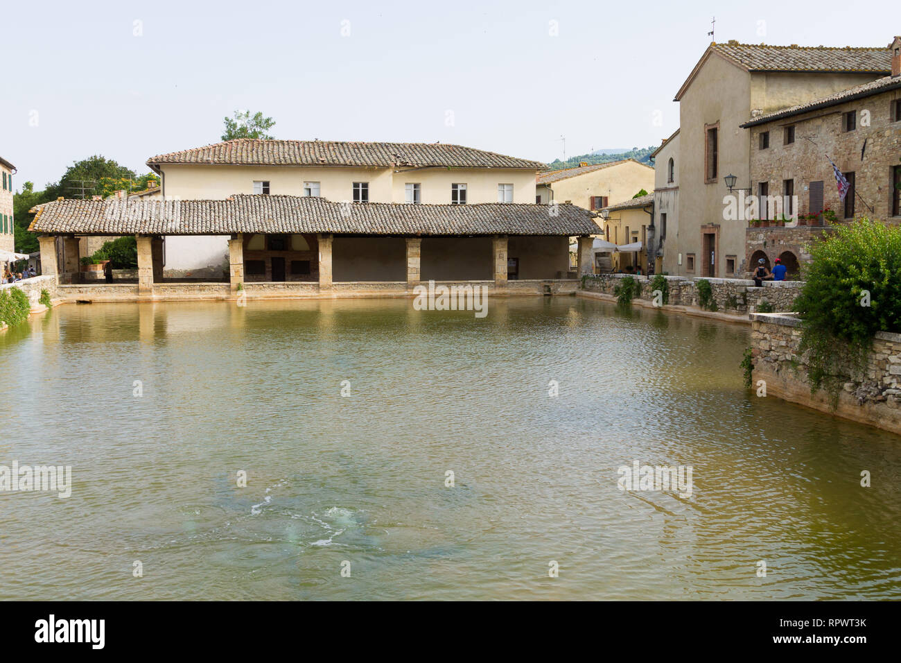 Bagno Vignoni main square view, Tuscany, Italy. Baths of St Catherine ...