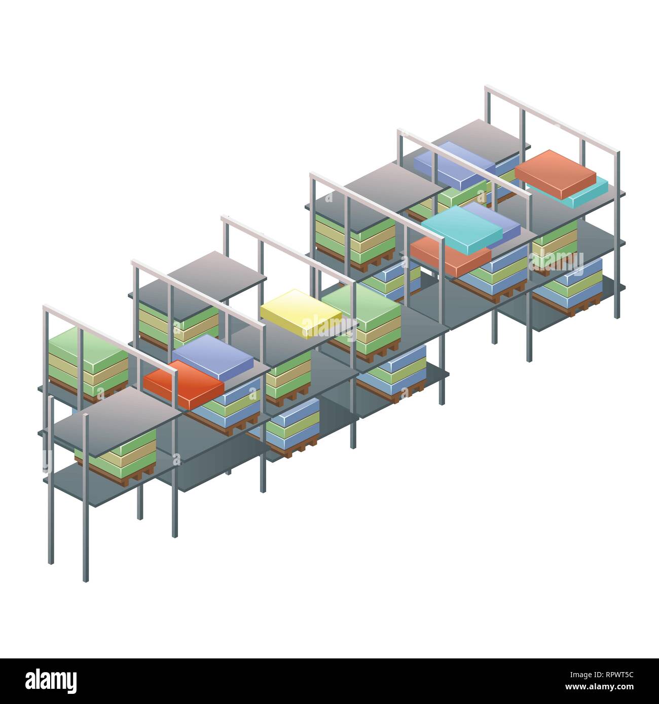 Metal racks with boxes with parcels isolated on white background ...