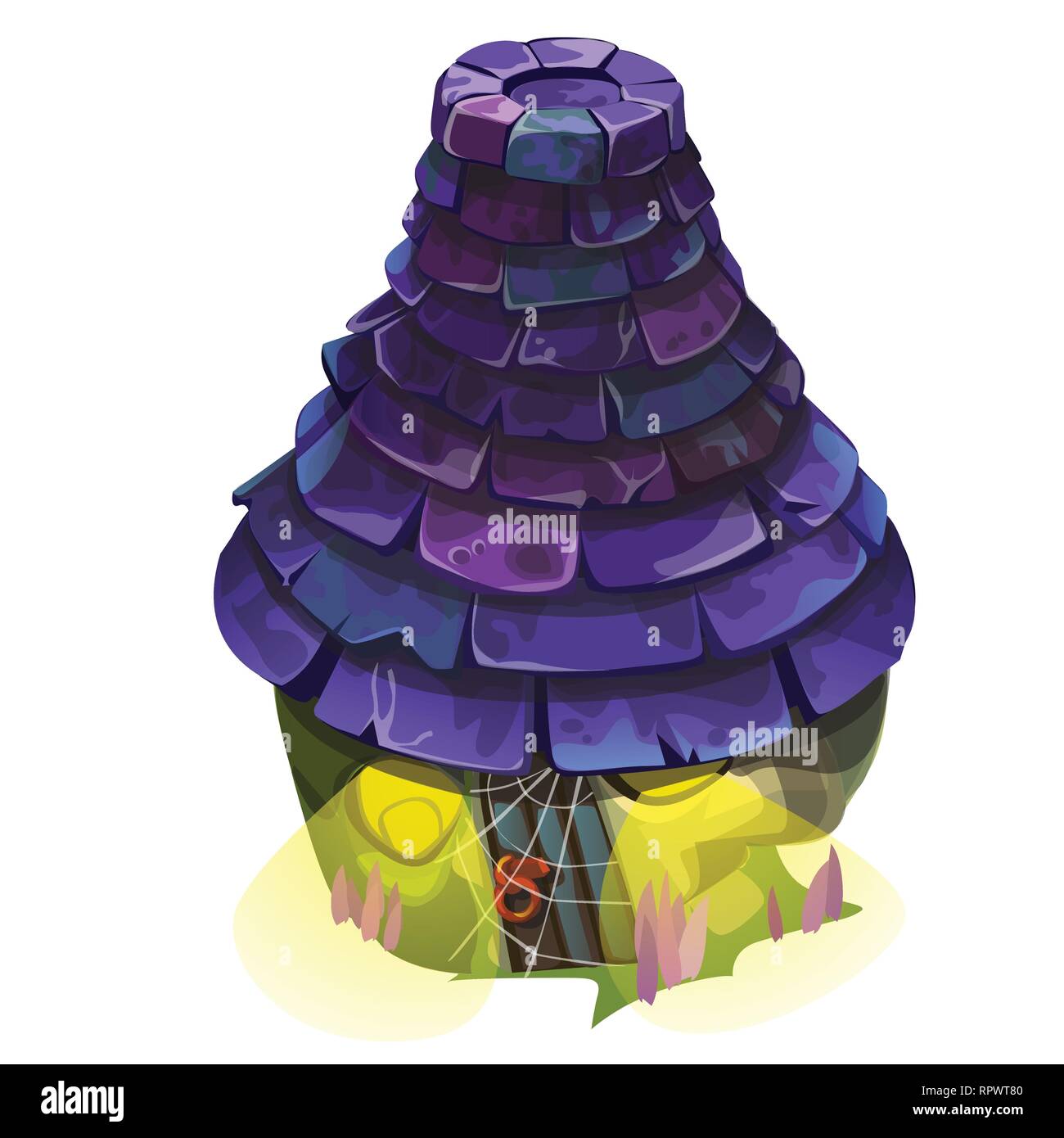 Fairy house with a blue shingle roof with glowing windows isolated on ...