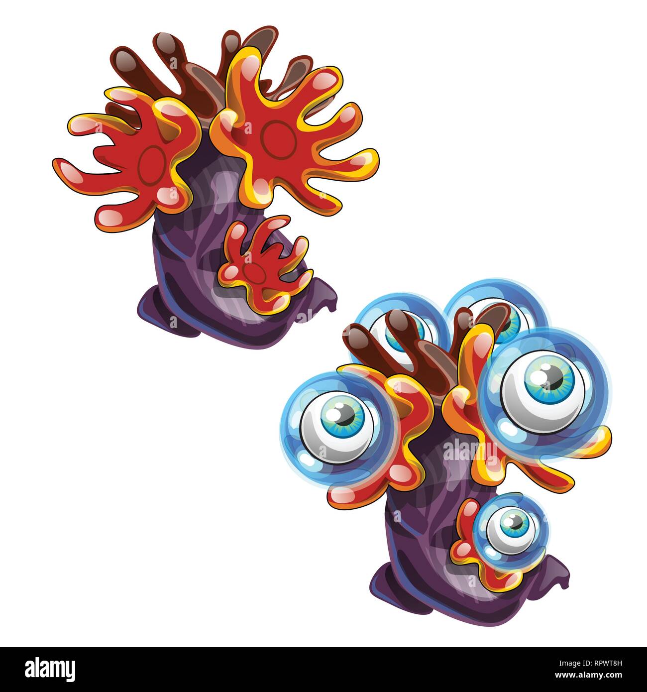 Fancy many-eyed marine polyp isolated on white background. Vector cartoon close-up illustration ...