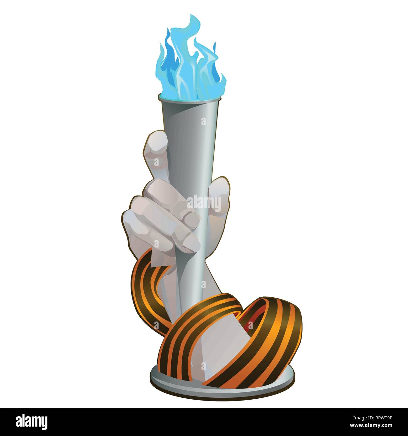 Stone statue of a human hand holding an ice torch isolated on white ...