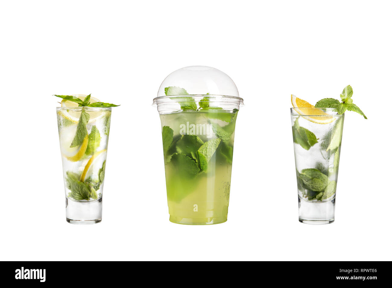 Mojito cocktail with lime and mint in highball glass. Set of isolated ...