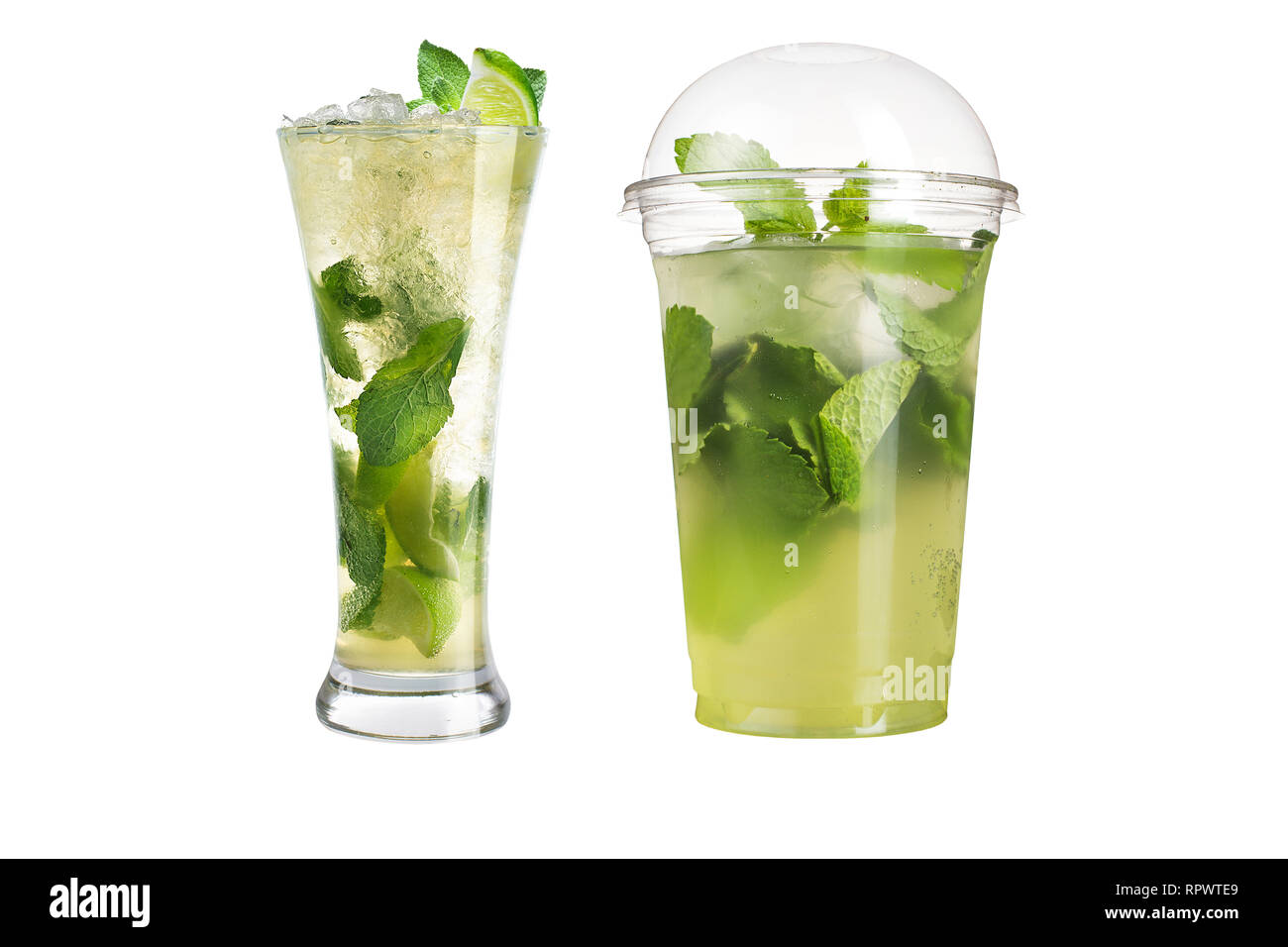 Mojito cocktail with lime and mint. Set of two mojito on a white ...