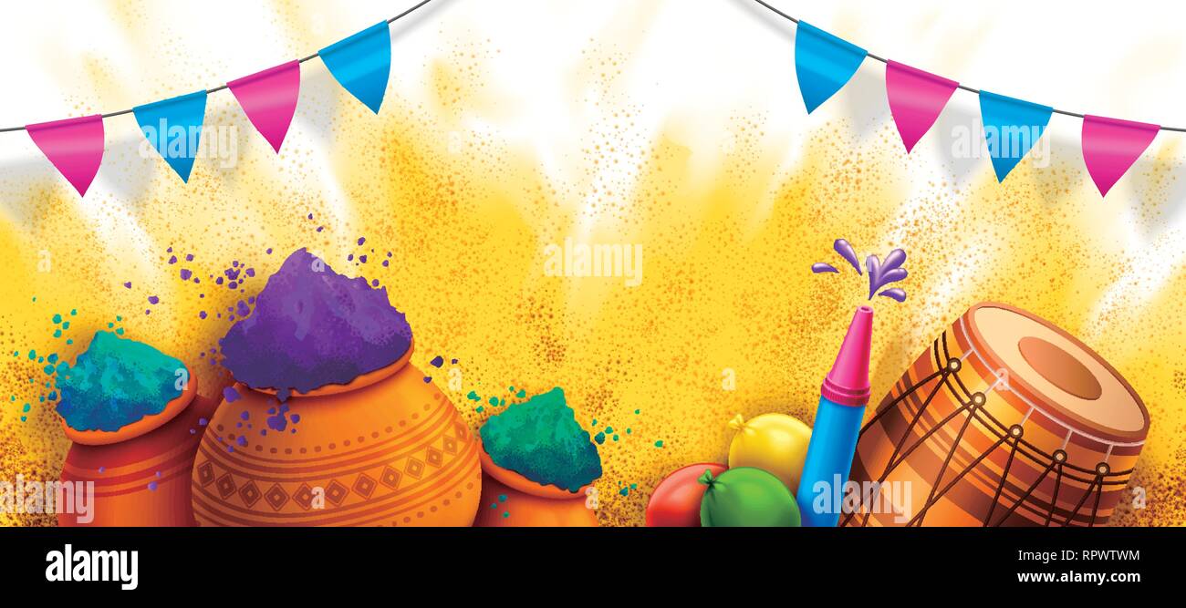 Happy holi festival template with colorful powder, dhol and pichkari ...