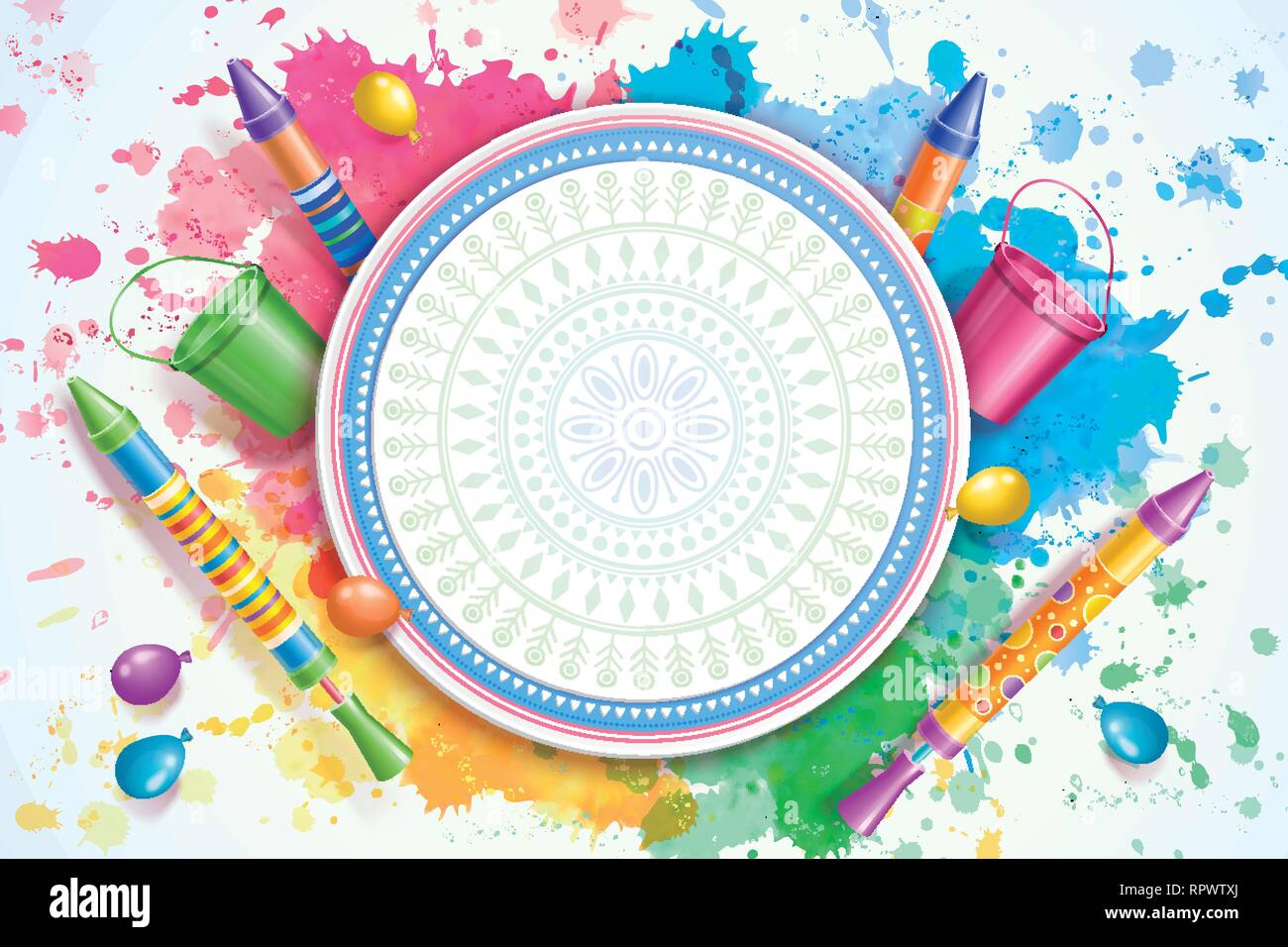 Colorful holi poster design with pichkari and water bucket elements ...