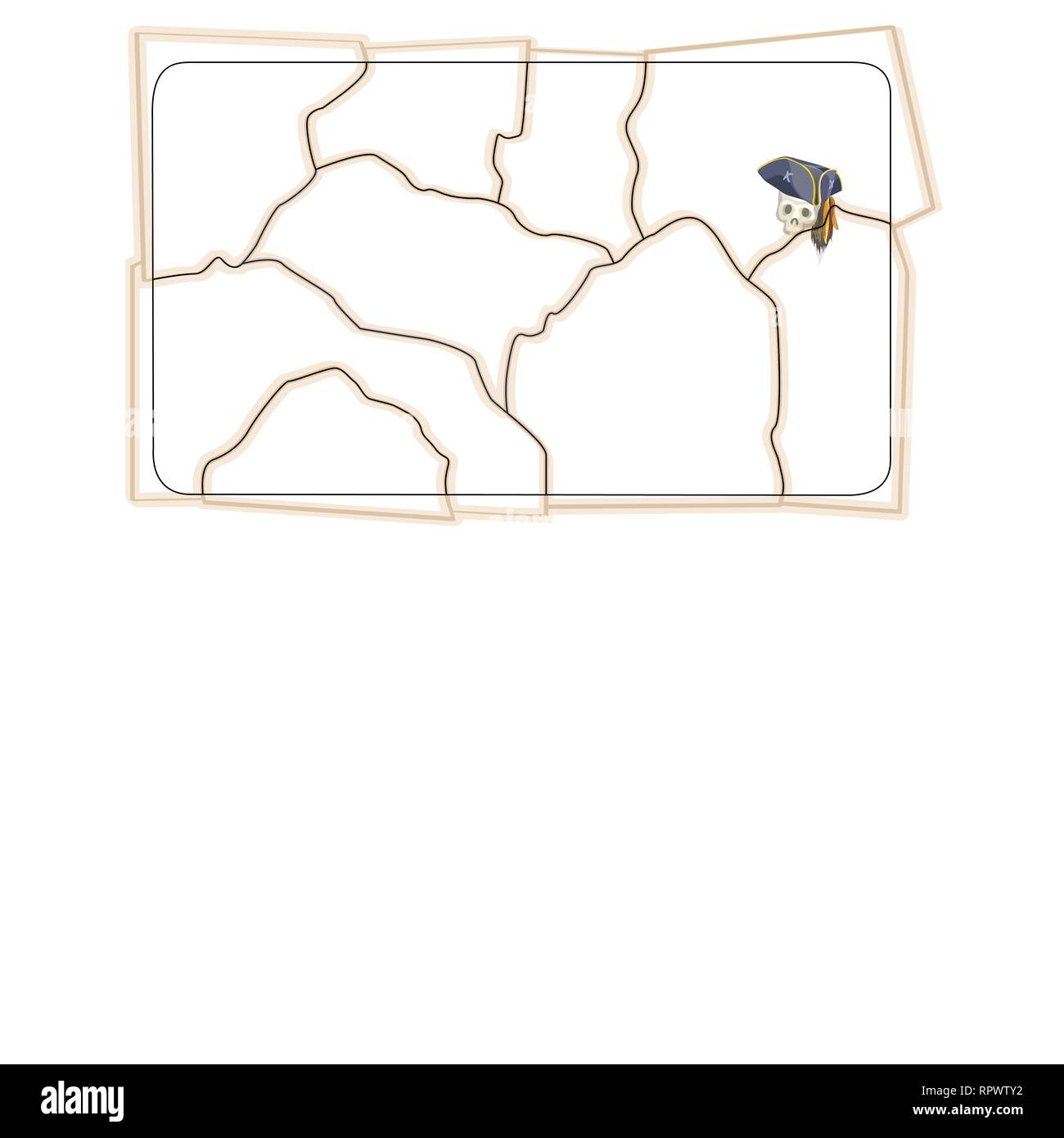 A sketch in the form of glued fragments of a torn pirate map with space ...