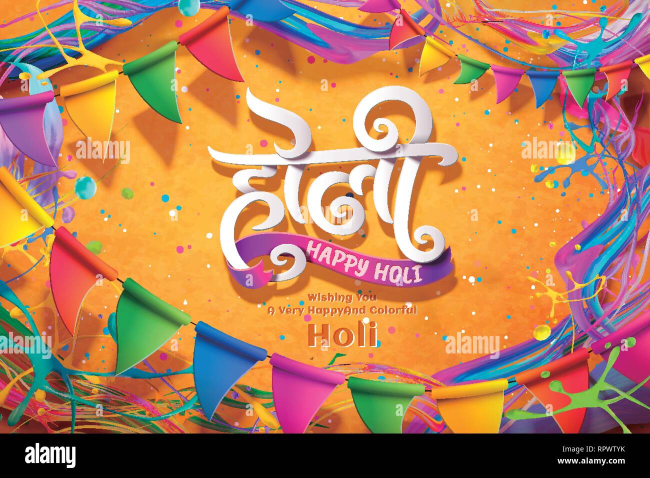 Happy Holi festival design with splashing color on chrome yellow ...
