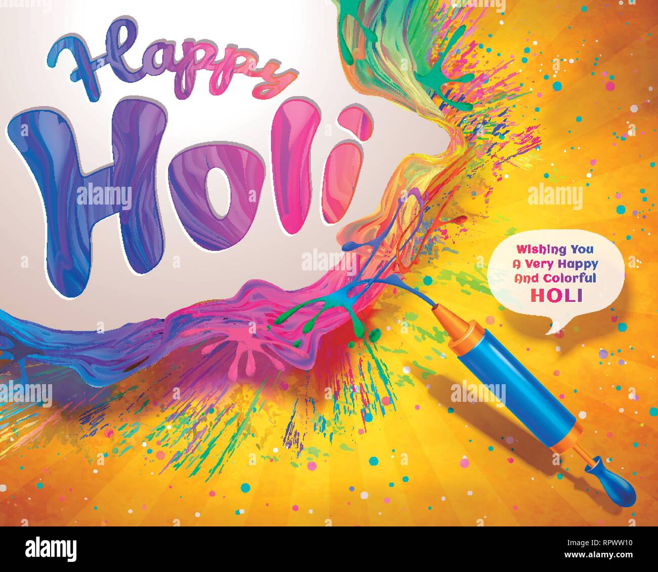 Happy Holi design with pichkari shooting colorful paint on striped ...