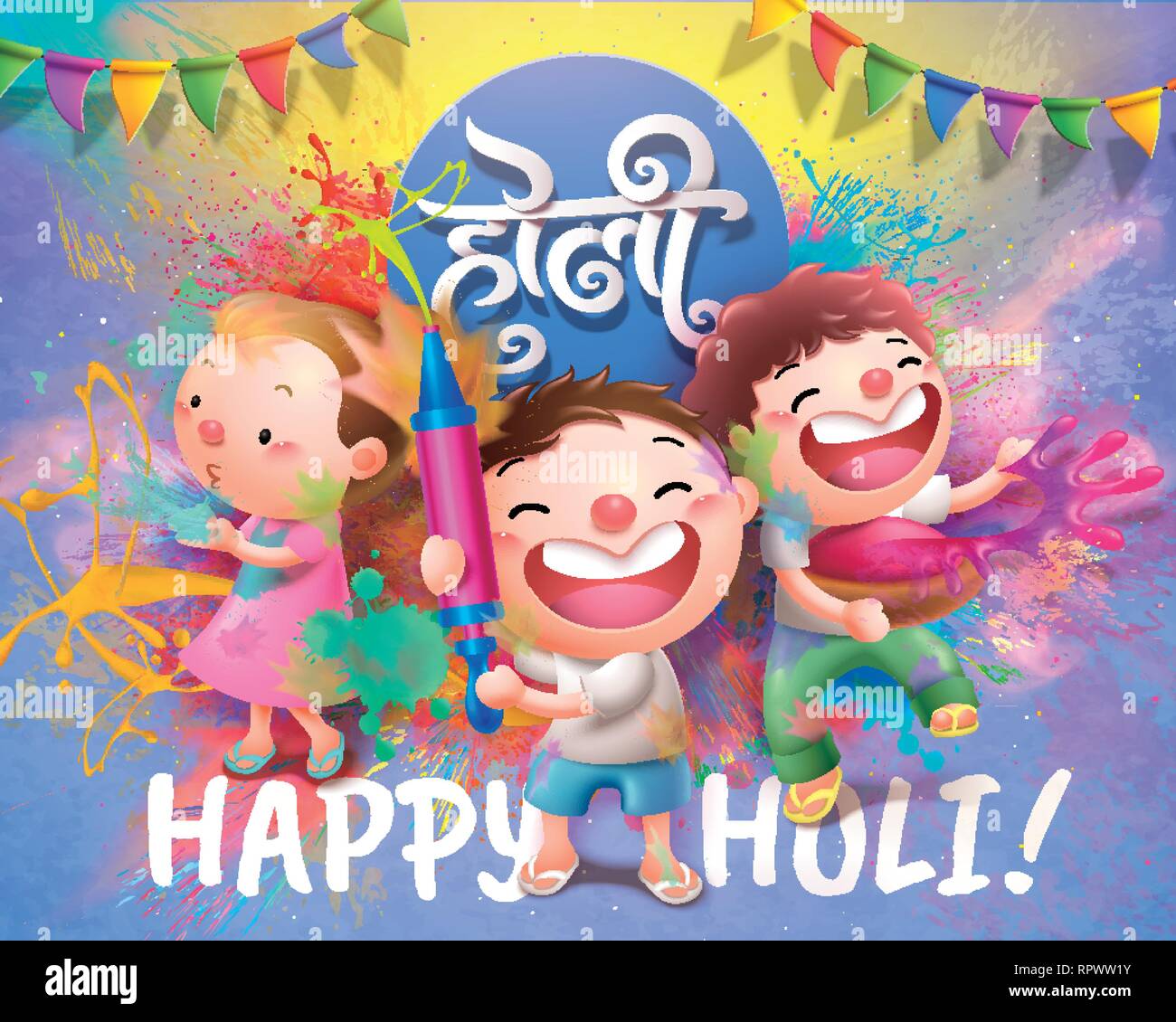 Children enjoying holi festival and playing pichkari, calligraphy ...