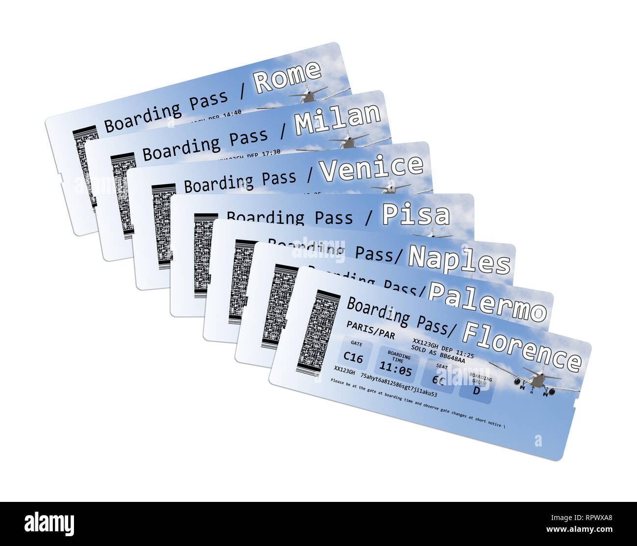 Airline boarding pass tickets to the most important Italian cities ...
