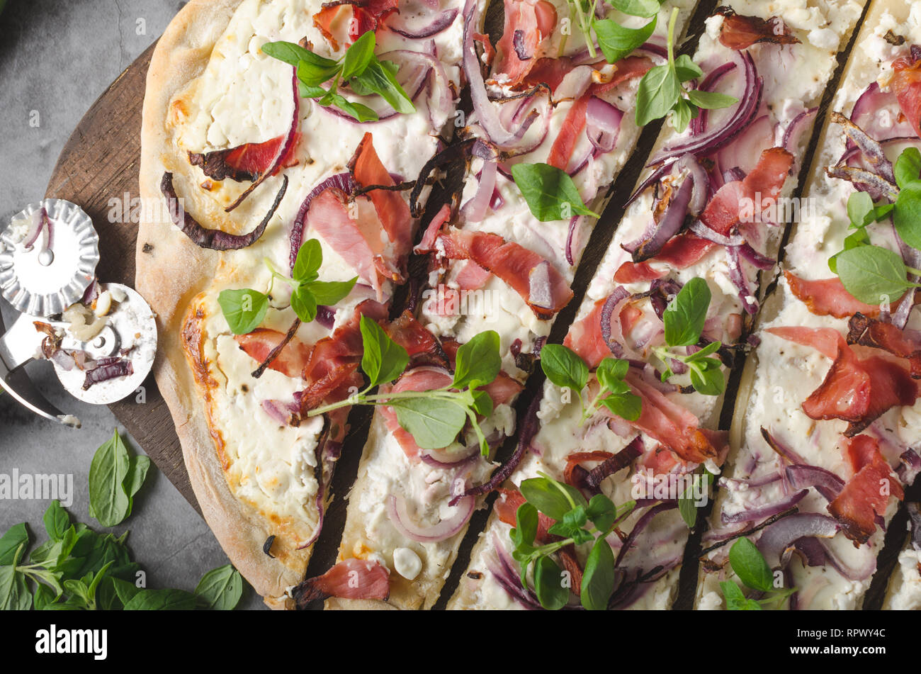 Homemade simple food with ham, fresh herbs and red onion Stock Photo ...