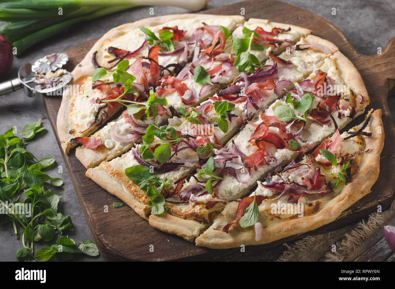 Homemade simple food with ham, fresh herbs and red onion Stock Photo ...