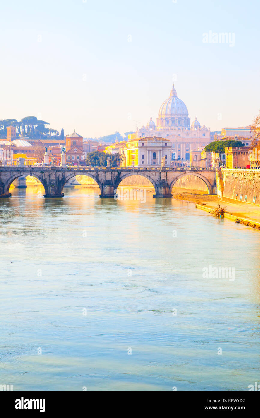 View of Rome with Tiber river and dome of St. Peter's basilica in the ...