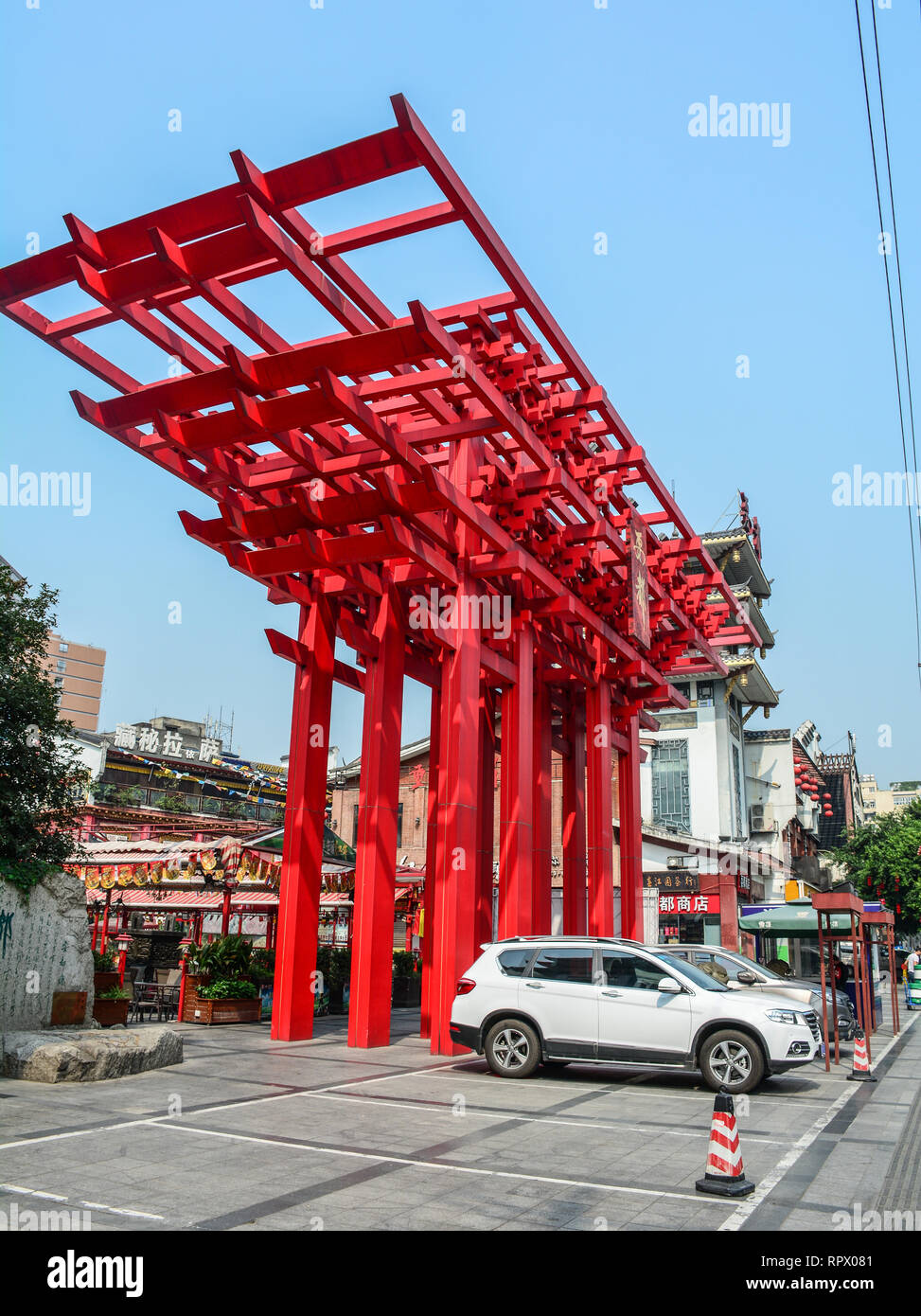 Chengdu, China - Aug 20, 2016. Red wooden gate at downtown in Chengdu ...