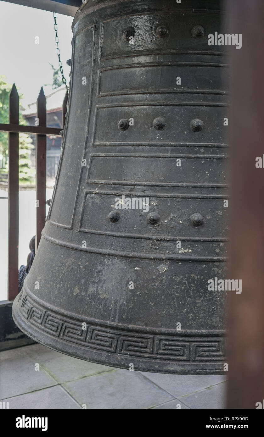 Bronze bell at ancient temple in Chengdu, China. Chengdu is the capital ...