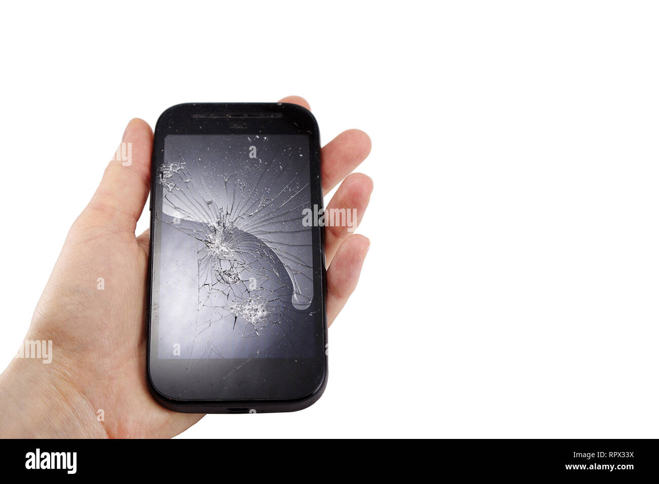 broken phone in hand isolated on white background, crash phone ...