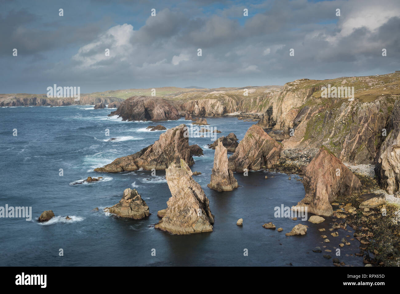 The Mangersta sea stacks on a blustery day on the Isle of Lewis, Outer ...