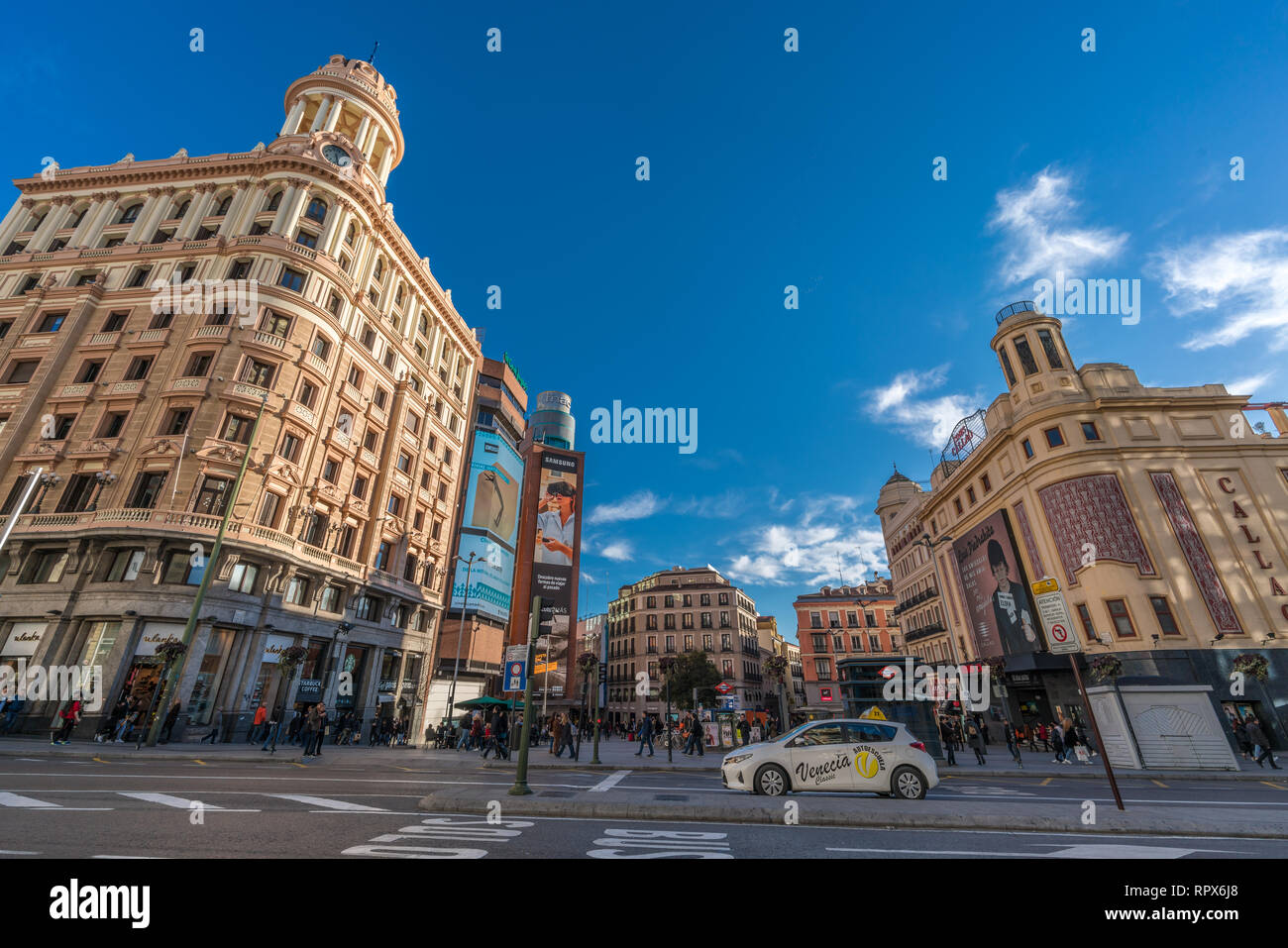 Madrid, Spain - February 20, 2018: Plaza de Callao Square. Edificio La Adriática building, Cines ...