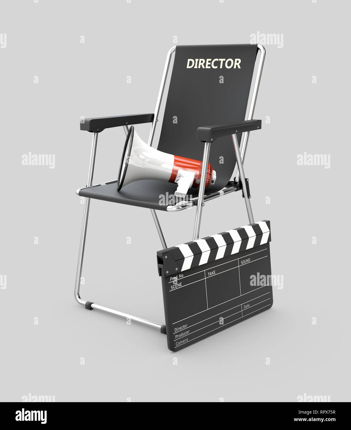 3d Illustration of movie director chair with clapperboard and megaphone ...