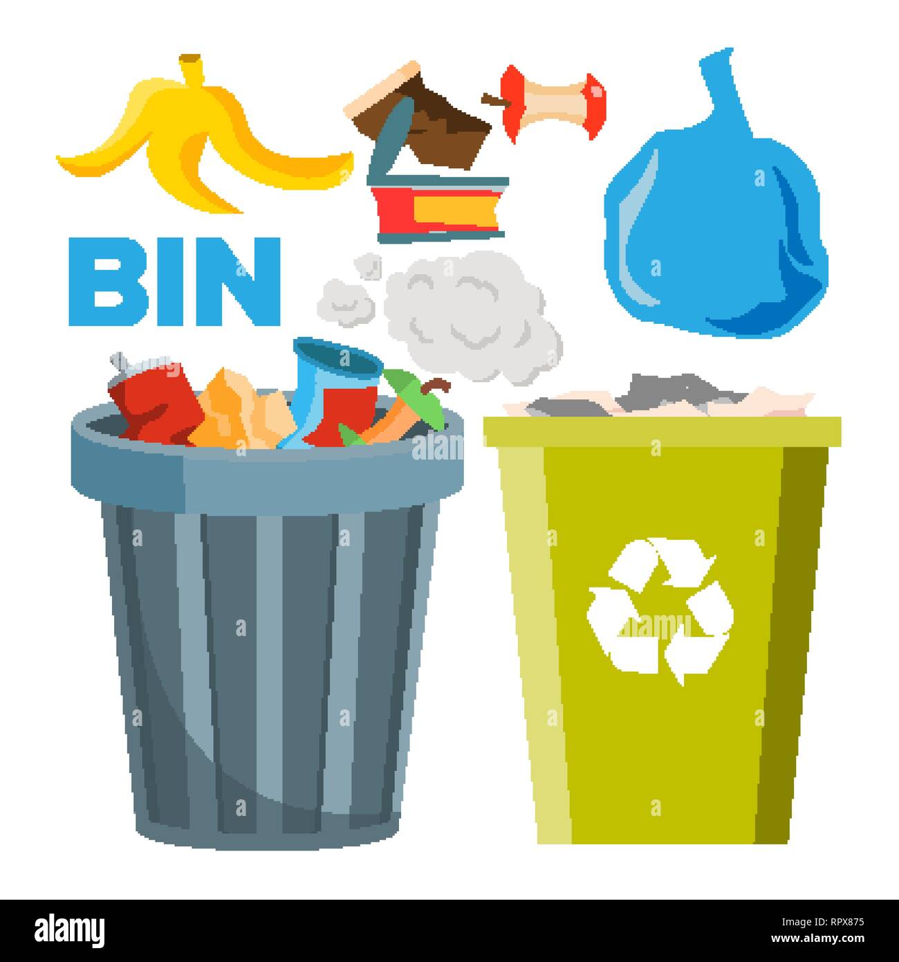 Bin Trash Icons Vector. Classic And Recycling Bins. Isolated Flat ... Bin Trash Icons Vector. Classic And Recycling Bins. Isolated Flat ...