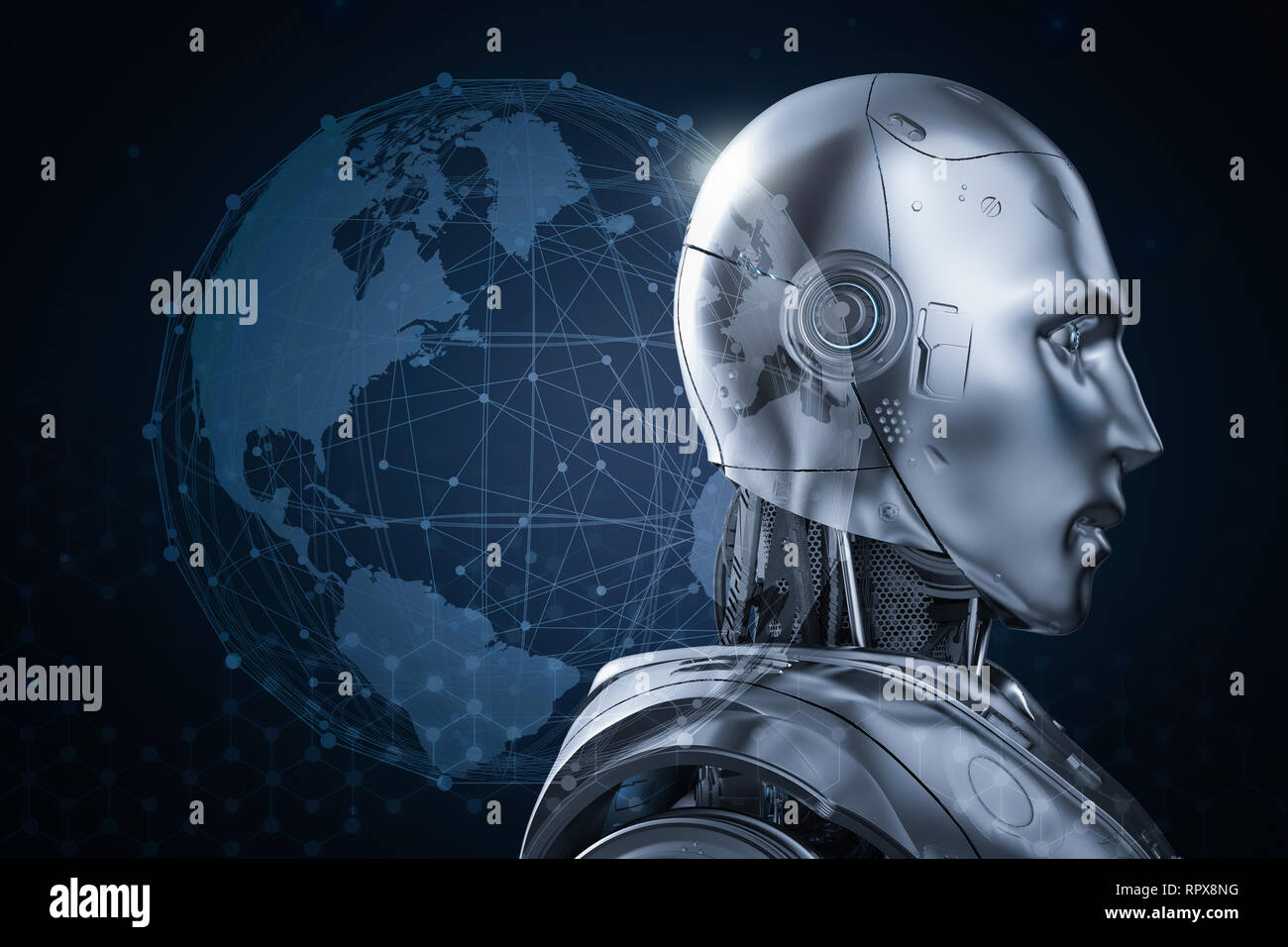 Globalization technology concept with 3d rendering humanoid robot with ...