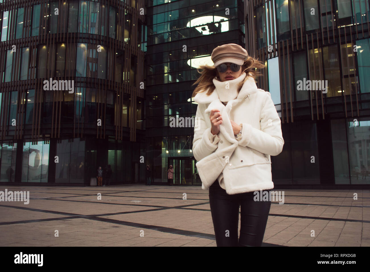Stylish and elegant young woman on the background of the business ...