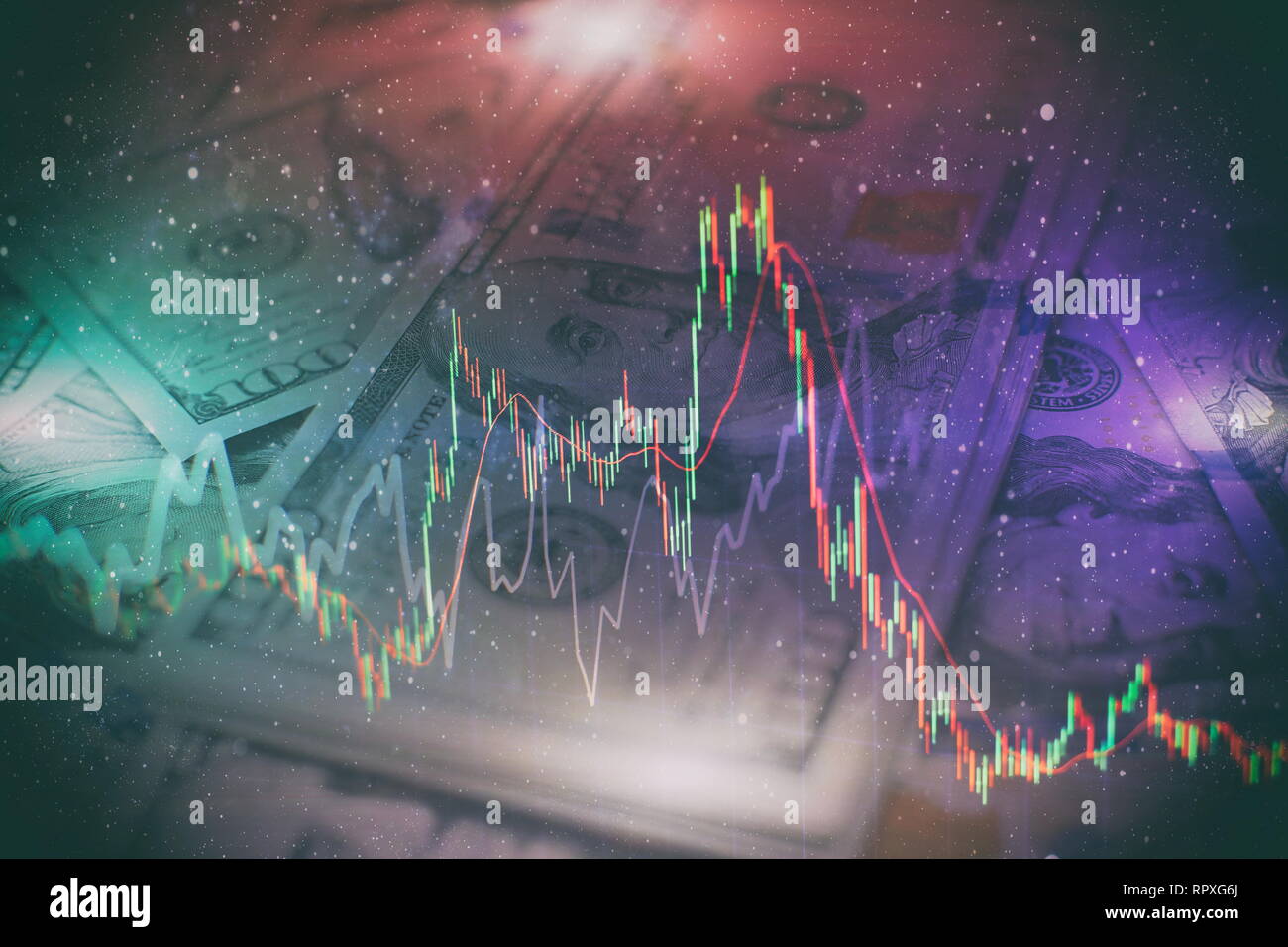 financial candlestick chart with line graph and stock numbers on ...