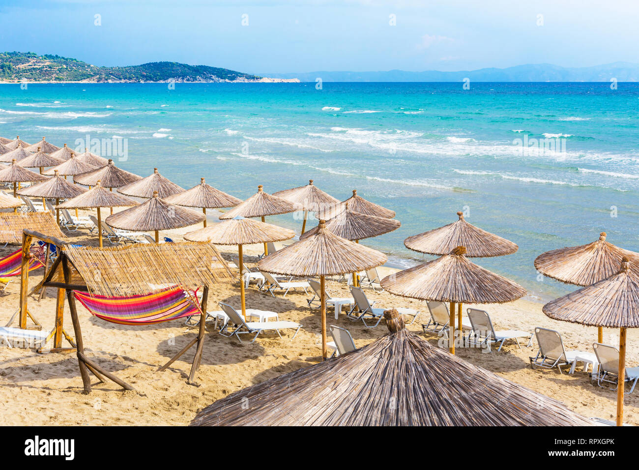 Summer greek beach vacation background with turquoise sea water waves ...